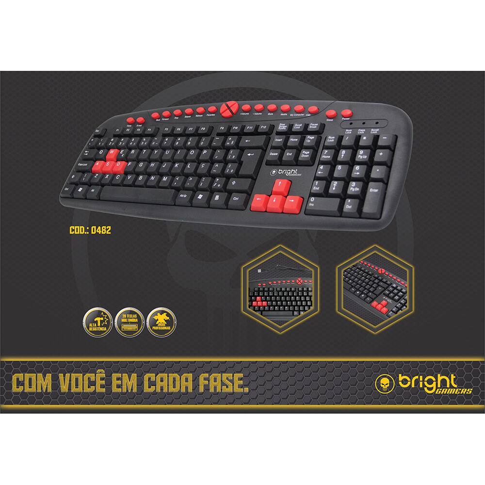 Teclado USB Multimídia vermelho 0482 Bright PT 1 UN - Gamers - Kalunga