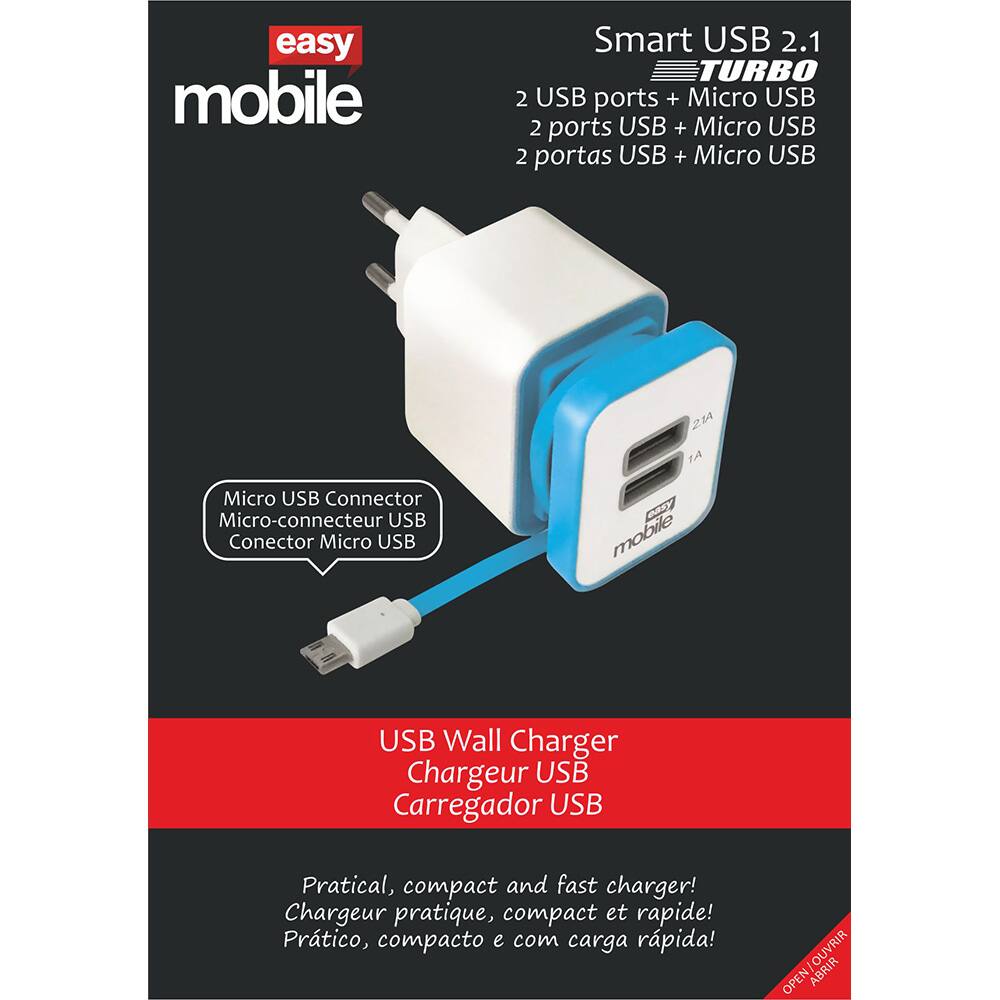 Carregador de tomada c/ 2 porta USB c/ micro USB azul Easy Mobile BT 1 ... Carregador de tomada c/ 2 porta USB c/ micro USB azul Easy Mobile BT 1 ...